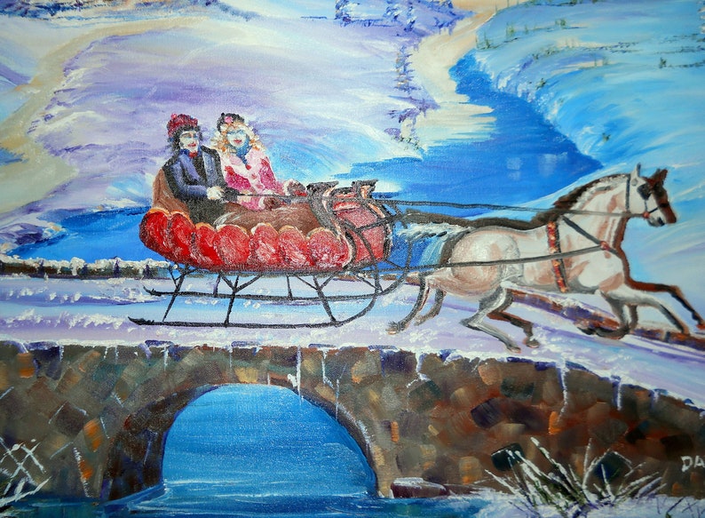 Christmas Sleigh Ride, Home Portrait Art, Sleigh Ride, Snowy Oil ...