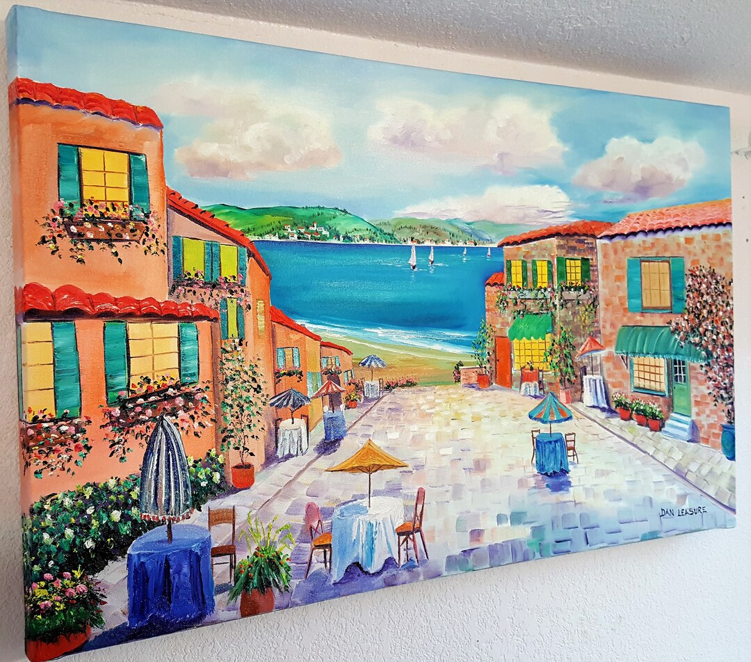 Seaside Sardinia Plaza, Summer in Europe, Courtyard Oil Painting Dan ...