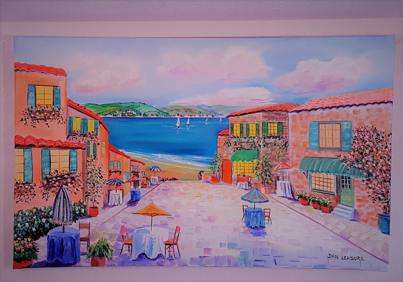 Seaside Sardinia Plaza, Summer in Europe, Courtyard Oil Painting Dan ...