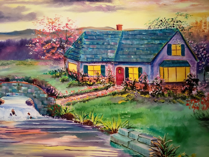 Dream Cottage, Home Portrait, Sunset Skies, Tranquil Country Home, Blue ...