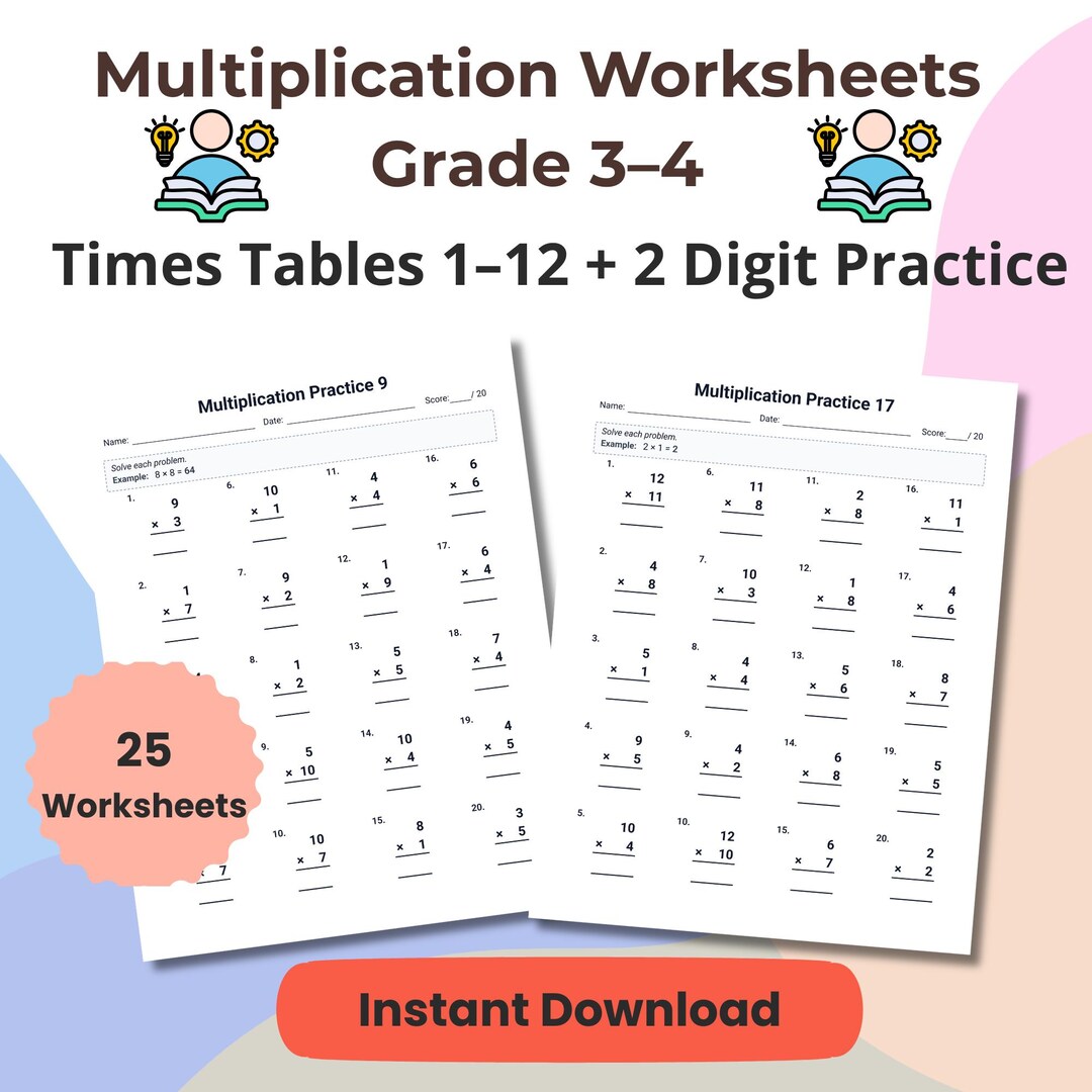 Multiplication Worksheets Grade 3–4 | Times Tables 1–12 + 2 Digit ...