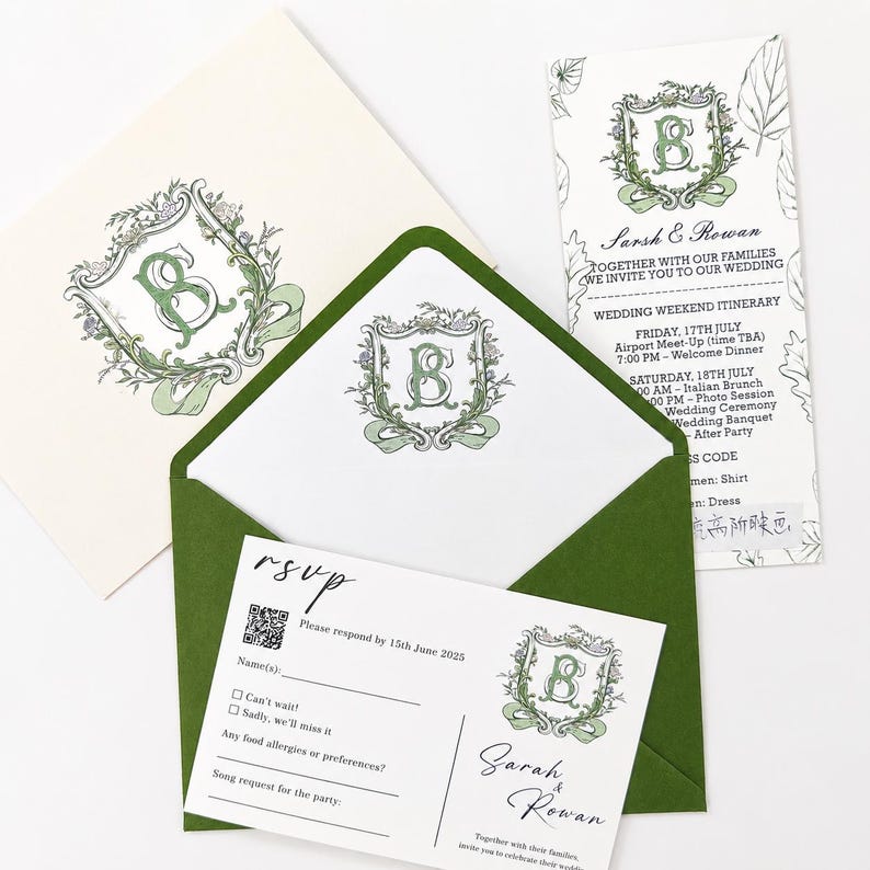 Hand Painted Wedding Crest Envelope Liner, Custom Monogram Invitation ...