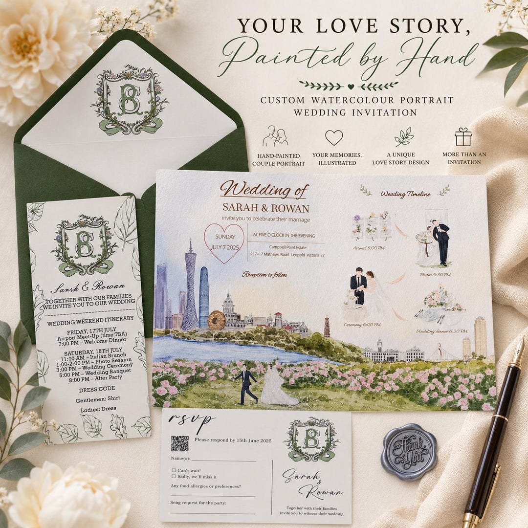 Custom Watercolor Wedding Invitation, Hand-painted Couple Portrait Love ...