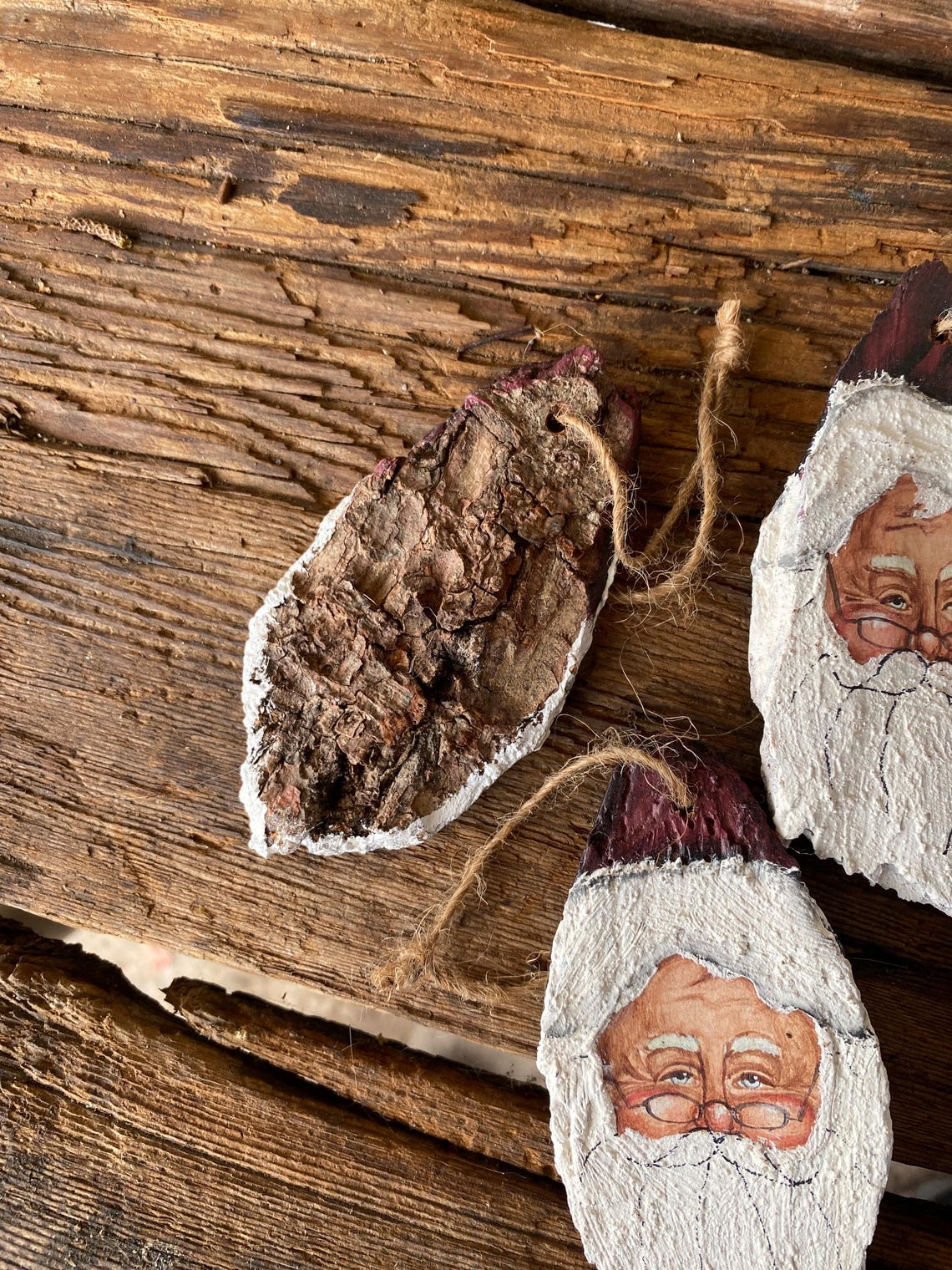 Hand Painted Santa Claus Bark Ornaments Folk Art - Etsy
