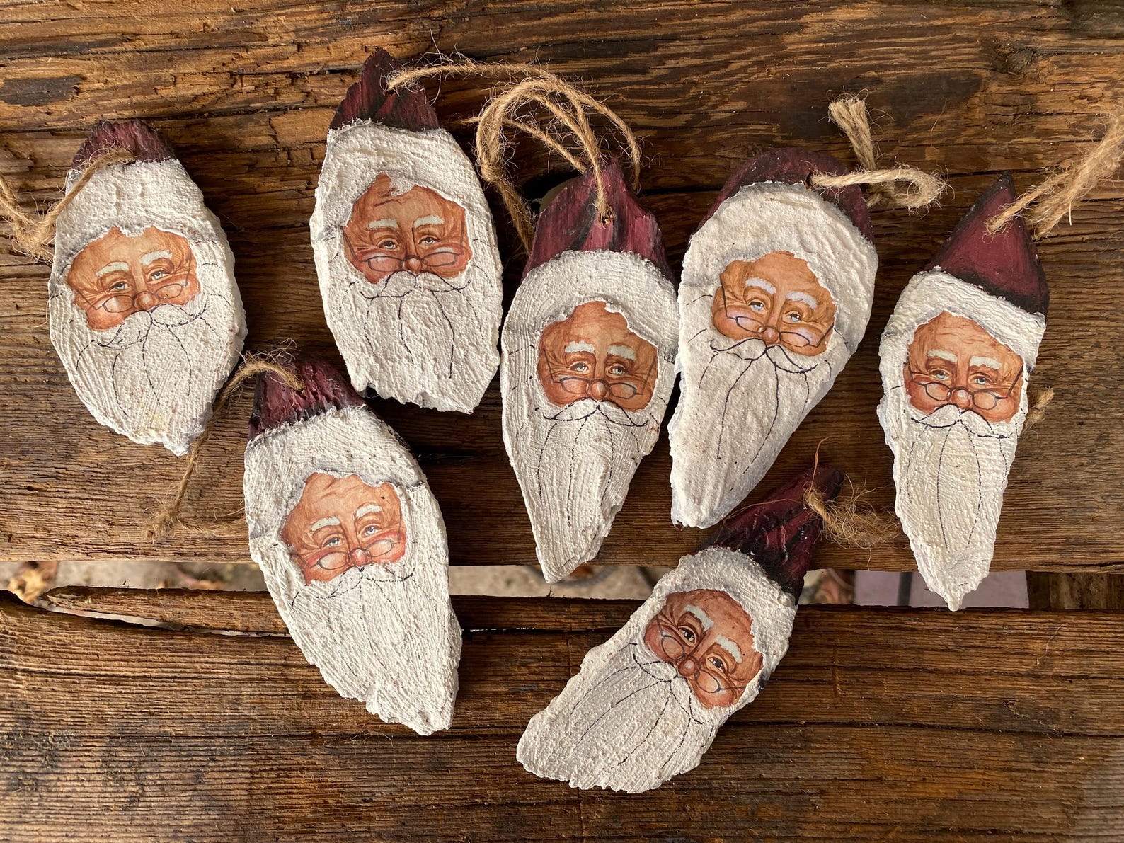Hand Painted Santa Claus Bark Ornaments Folk Art - Etsy