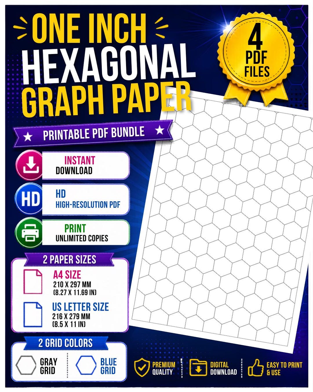 1 Inch Hex Graph Paper Bundle Printable PDF | A4 & US Letter Hexagonal ...