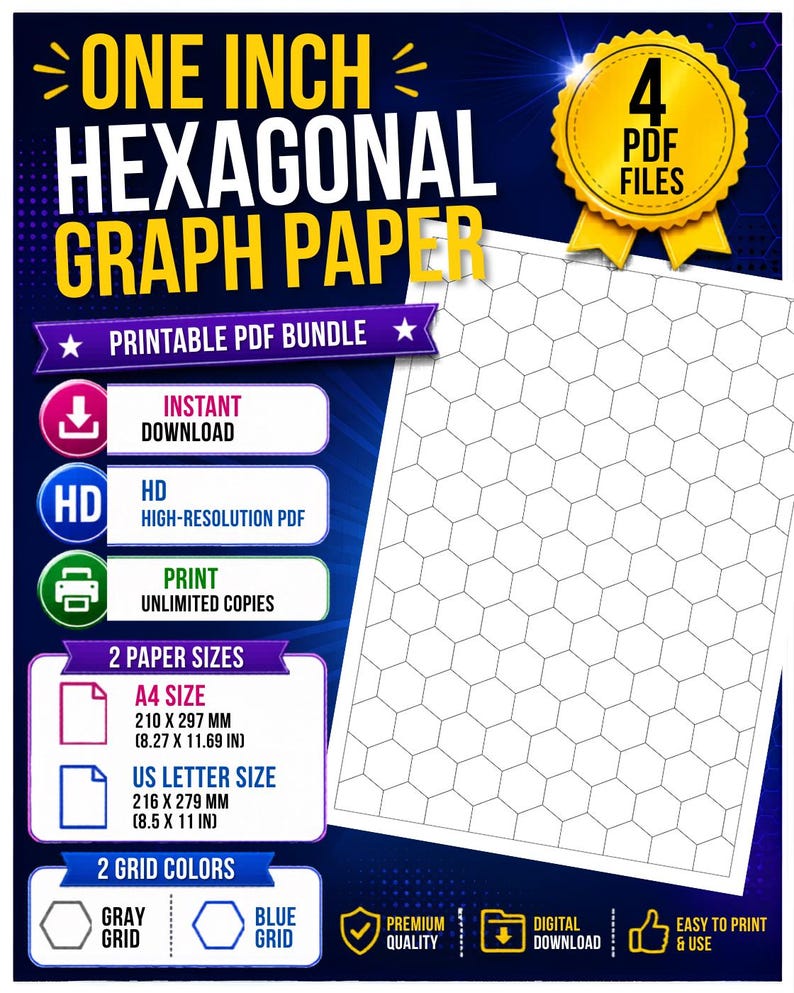 1 Inch Hex Graph Paper Bundle Printable PDF | A4 & US Letter Hexagonal ...