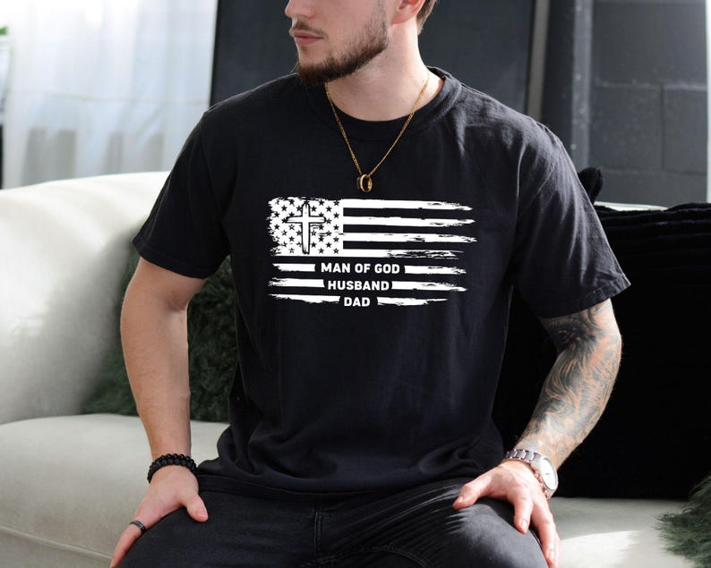 Man of God Husband Dad Christian Flag Cross Shirt, Vintage Comfort ...
