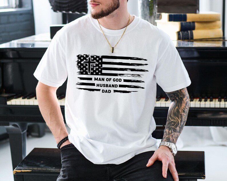 Man of God Husband Dad Christian Flag Cross Shirt, Vintage Comfort ...