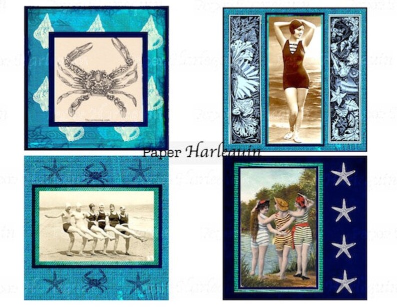 Seashore Nautical Vintage Bathing Beauties 4x4 Square Tile Coasters ...