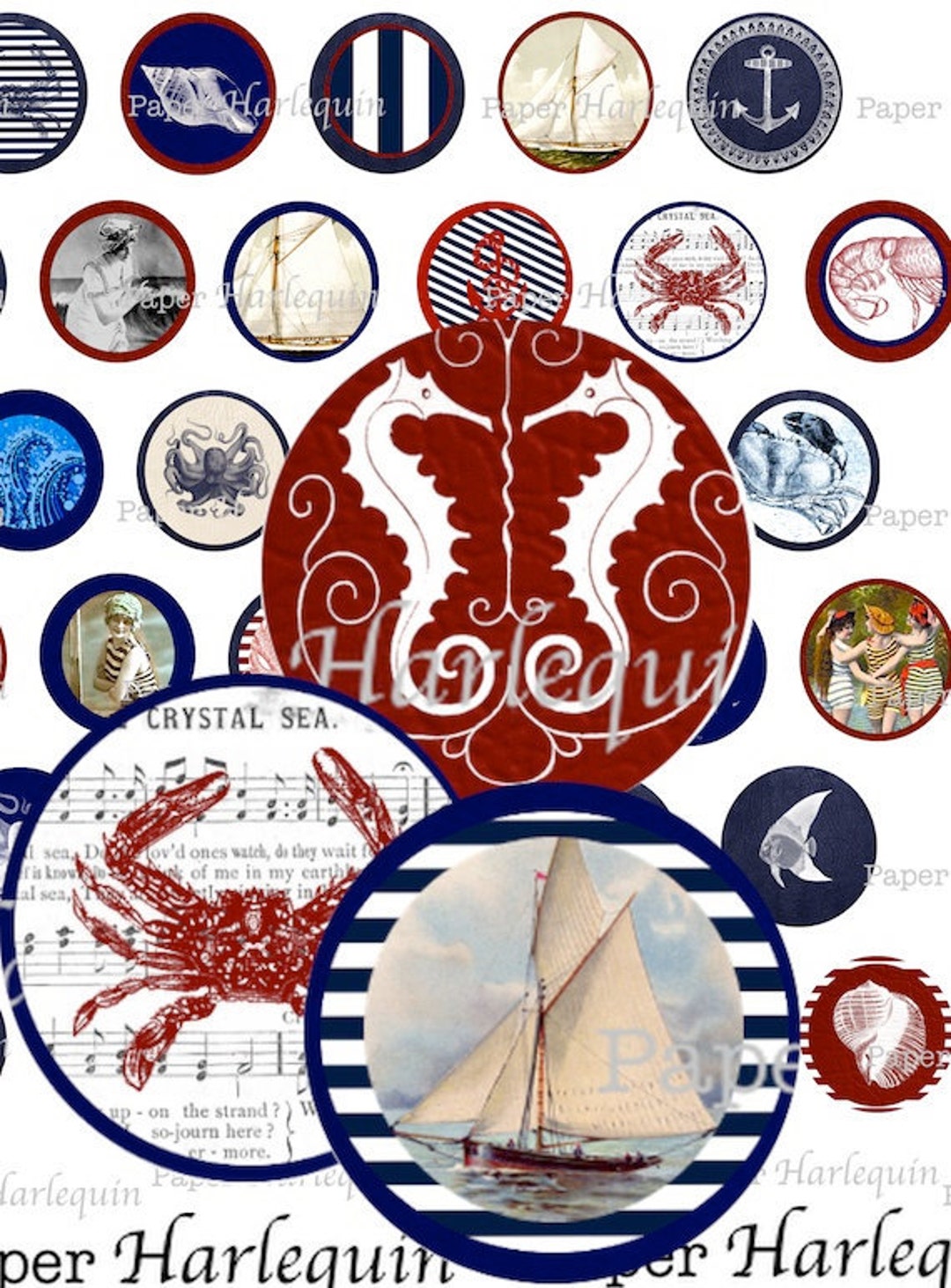 Nautical BEACH Digital Collage Circles 1 Inch Sailing SEASIDE Beach ...
