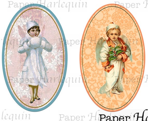 Victorian Snow Angel Oval Digital Printable Christmas Tags, Scrapbook ...