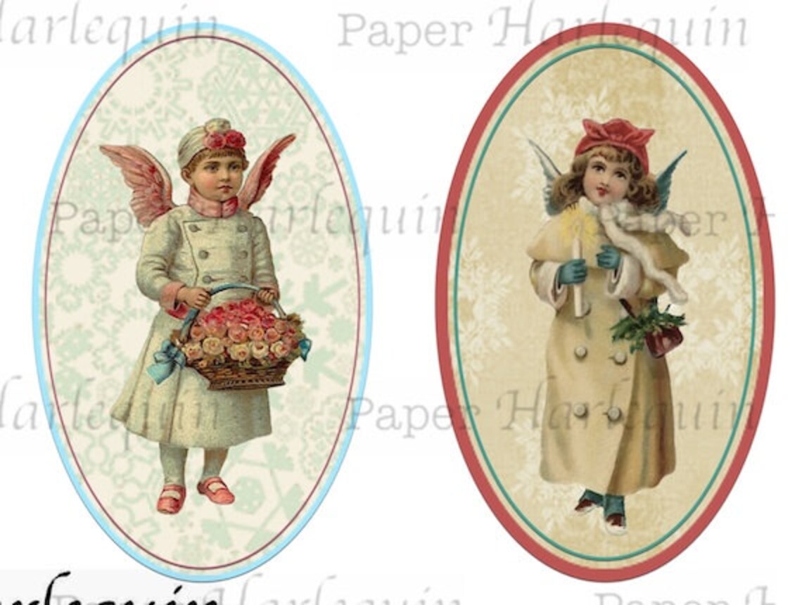Victorian Snow Angel Oval Digital Printable Christmas Tags, Scrapbook ...