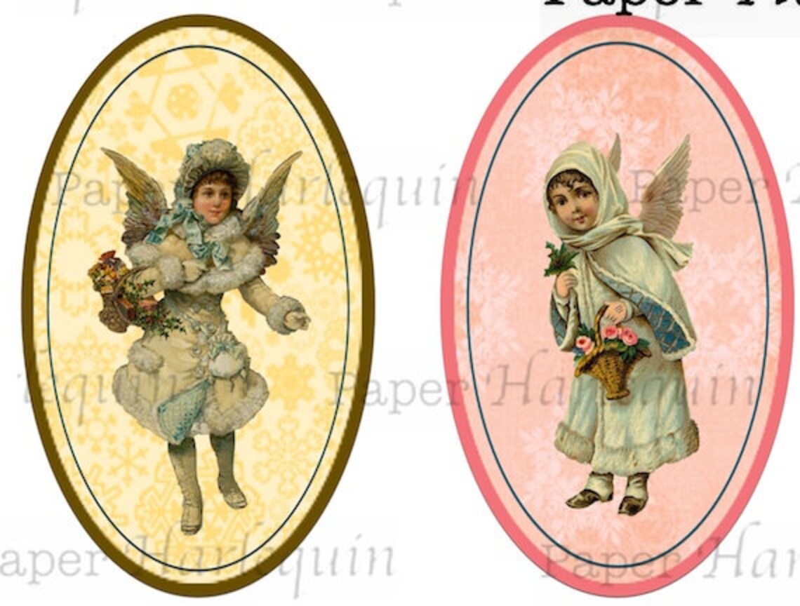 Victorian Snow Angel Oval Digital Printable Christmas Tags, Scrapbook ...