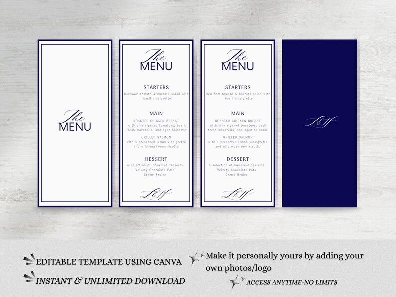 Modern Wedding Menu Template, Luxury Navy Reception Signage Bundle ...