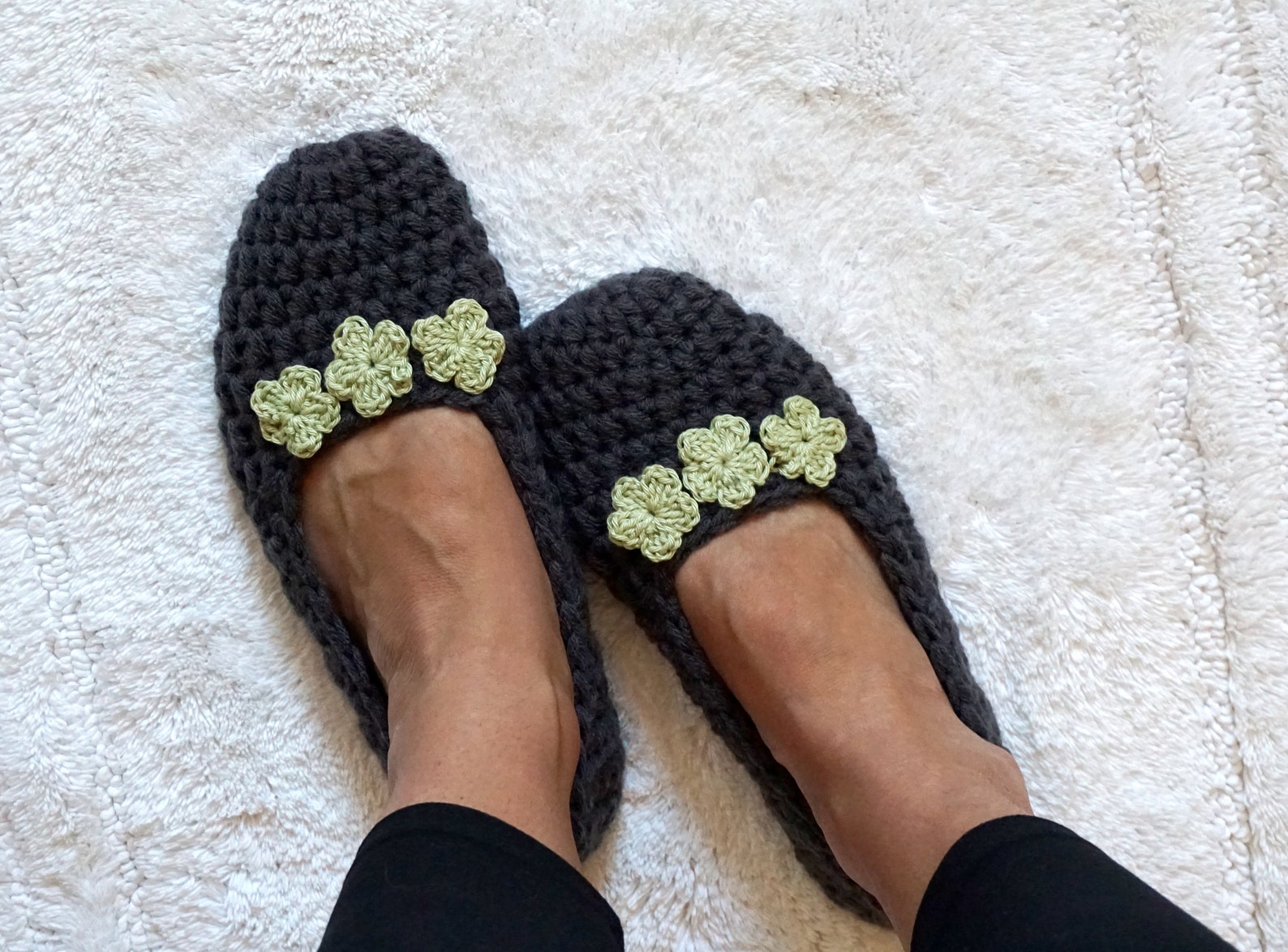 Extra Thick, Simply Slippers in Charcoal Color With Light Green Flower ...