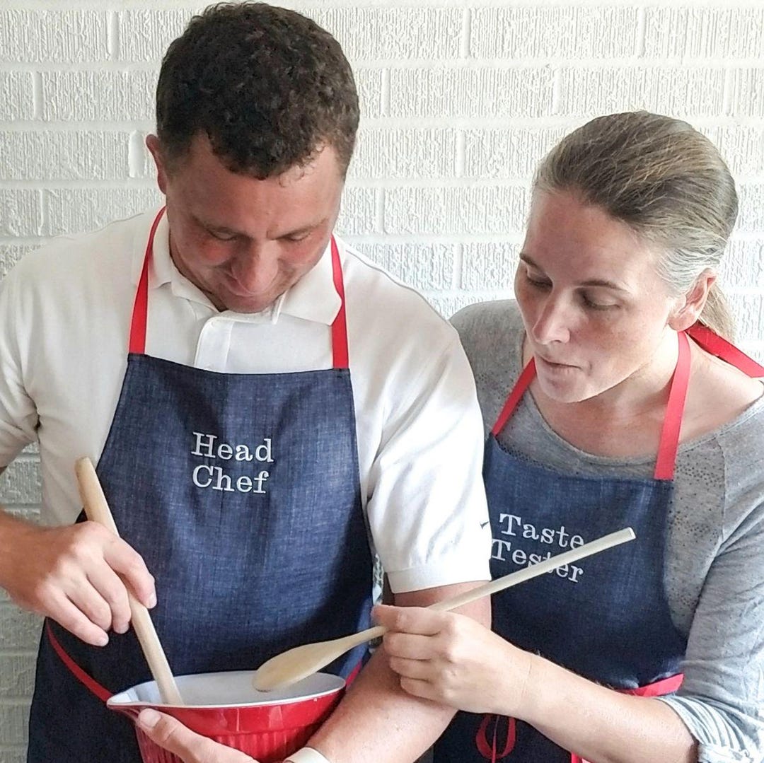 Head Chef and Taste Tester Navy Red Apron Set Matching Couple Cooking ...