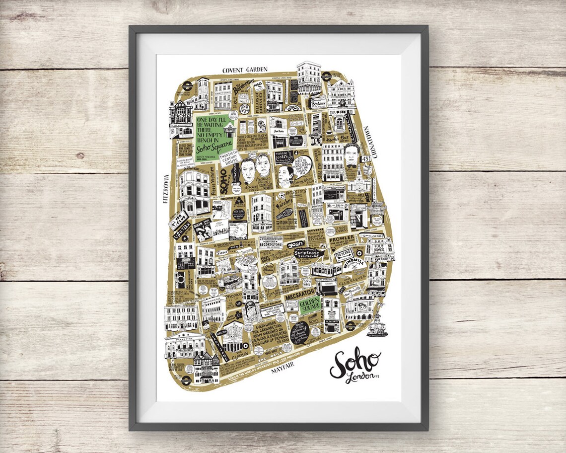 London - Soho - Illustrated Map - Poster - Print - Etsy