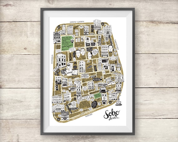 London Soho Illustrated Map Poster Print | Etsy