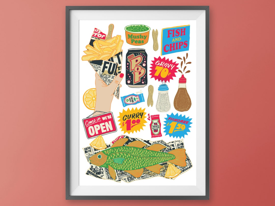 Fish & Chips Print - Chippy Tea - Fast Food Poster - Kitchen - Dining ...