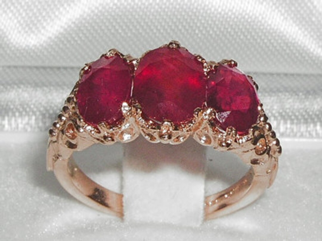 Stunning 9K Rose Gold Natural Ruby Trilogy Ring, Engagement, Anniversary Ring - Customize:14k ...