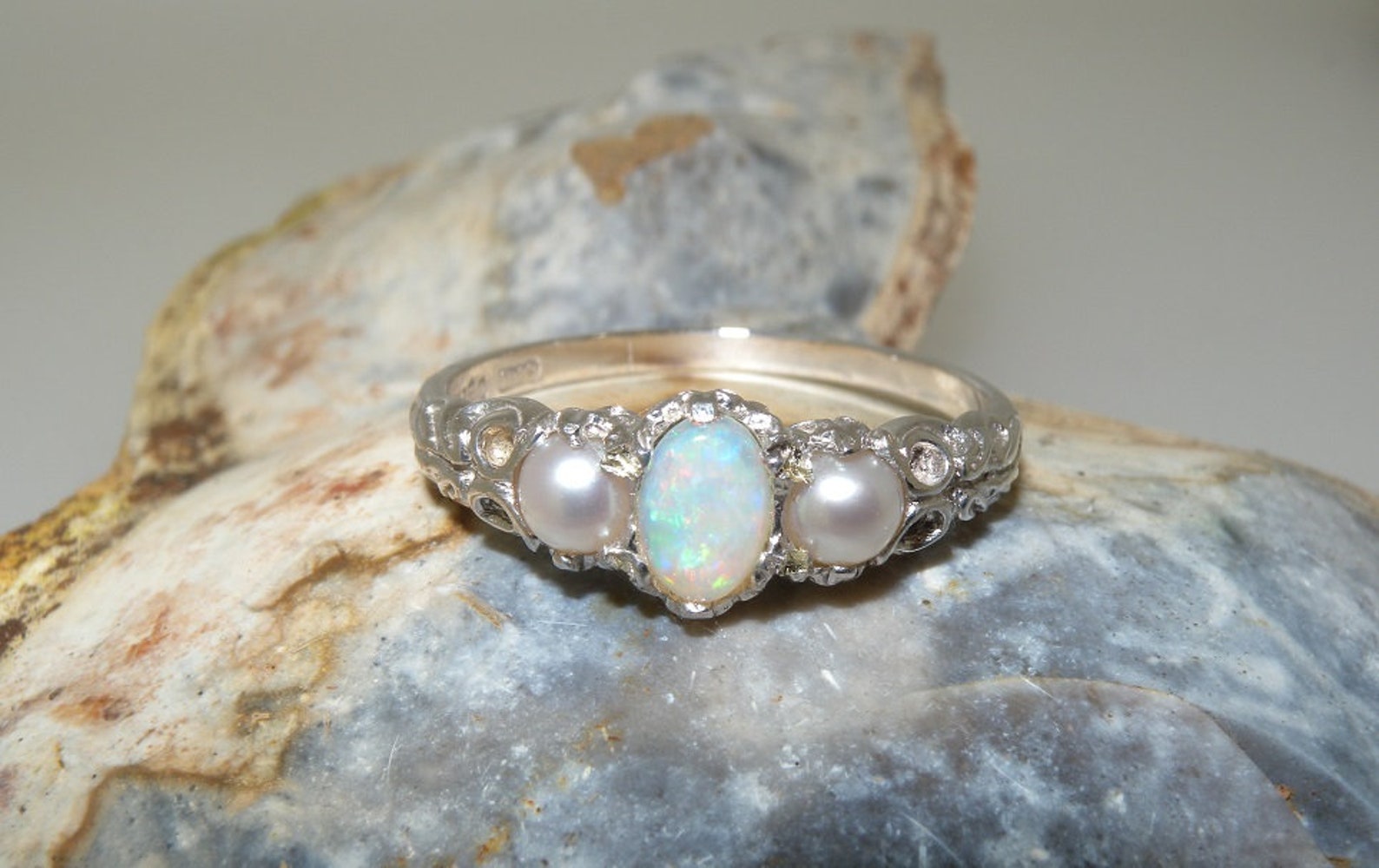 Solid 14k White Gold Natural Opal & Pearl Womens Trilogy Ring | Etsy