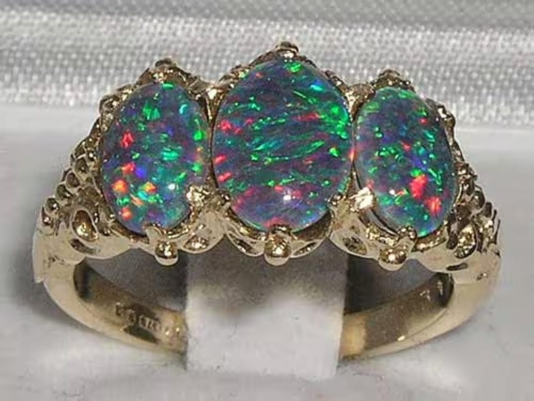 English Victorian Style 9K Yellow Gold Opal Triplet 3 Stone Ring, Prong ...