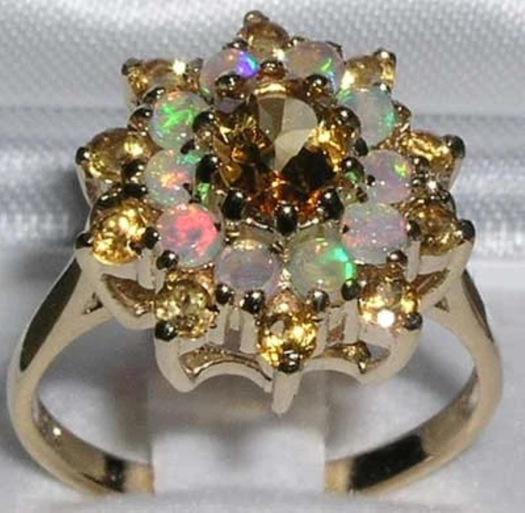 English 18K Yellow Gold Natural Citrine & Opal Cluster Flower Cocktail ...