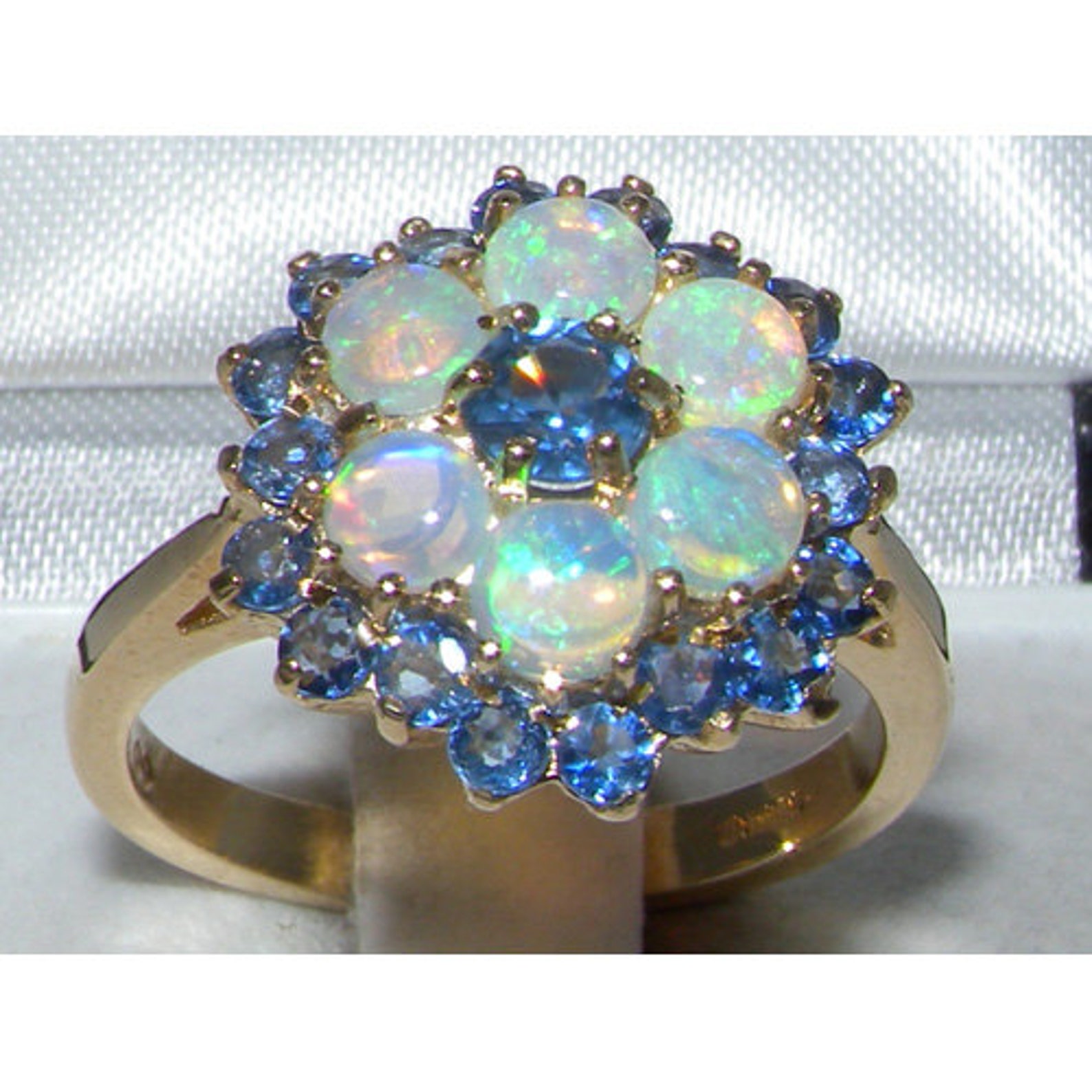 9K Yellow Gold Natural Ceylon Sapphire & Colorful Opal Colorful Cluster ...