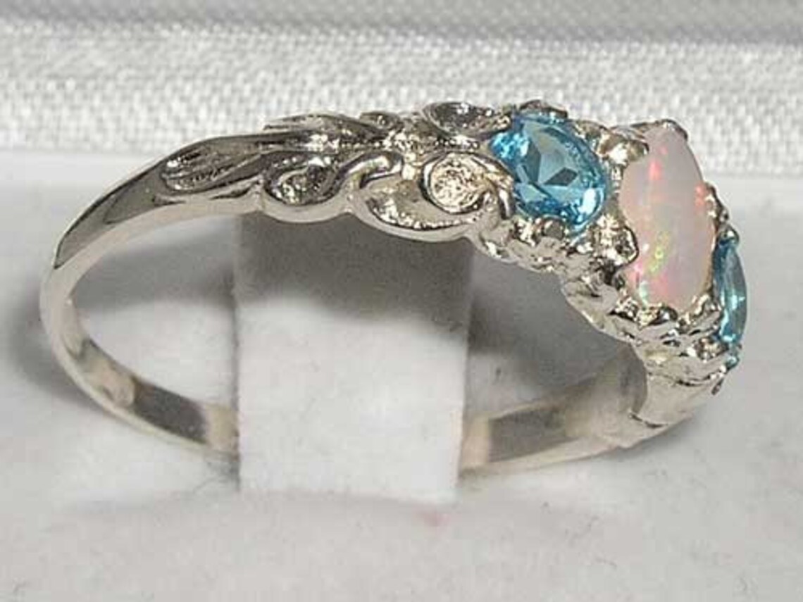 10K White Gold Natural Colourful Opal & Blue Topaz Engagement Trilogy ...
