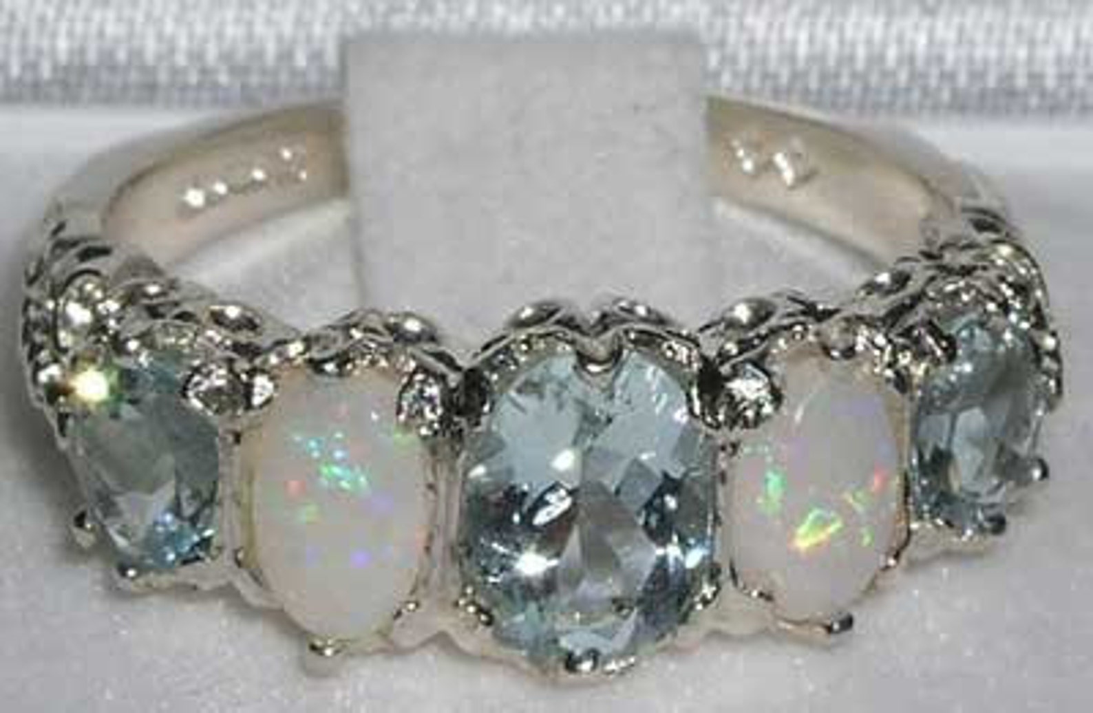 English 925 Solid Sterling Silver Genuine Natural Aquamarine & Opal ...