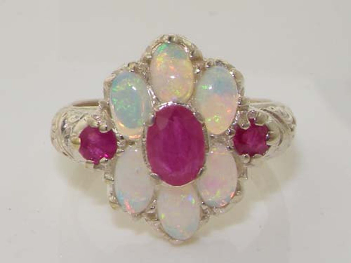 Solid 925 Sterling Silver Natural Ruby & Colorful Opal Victorian Style ...
