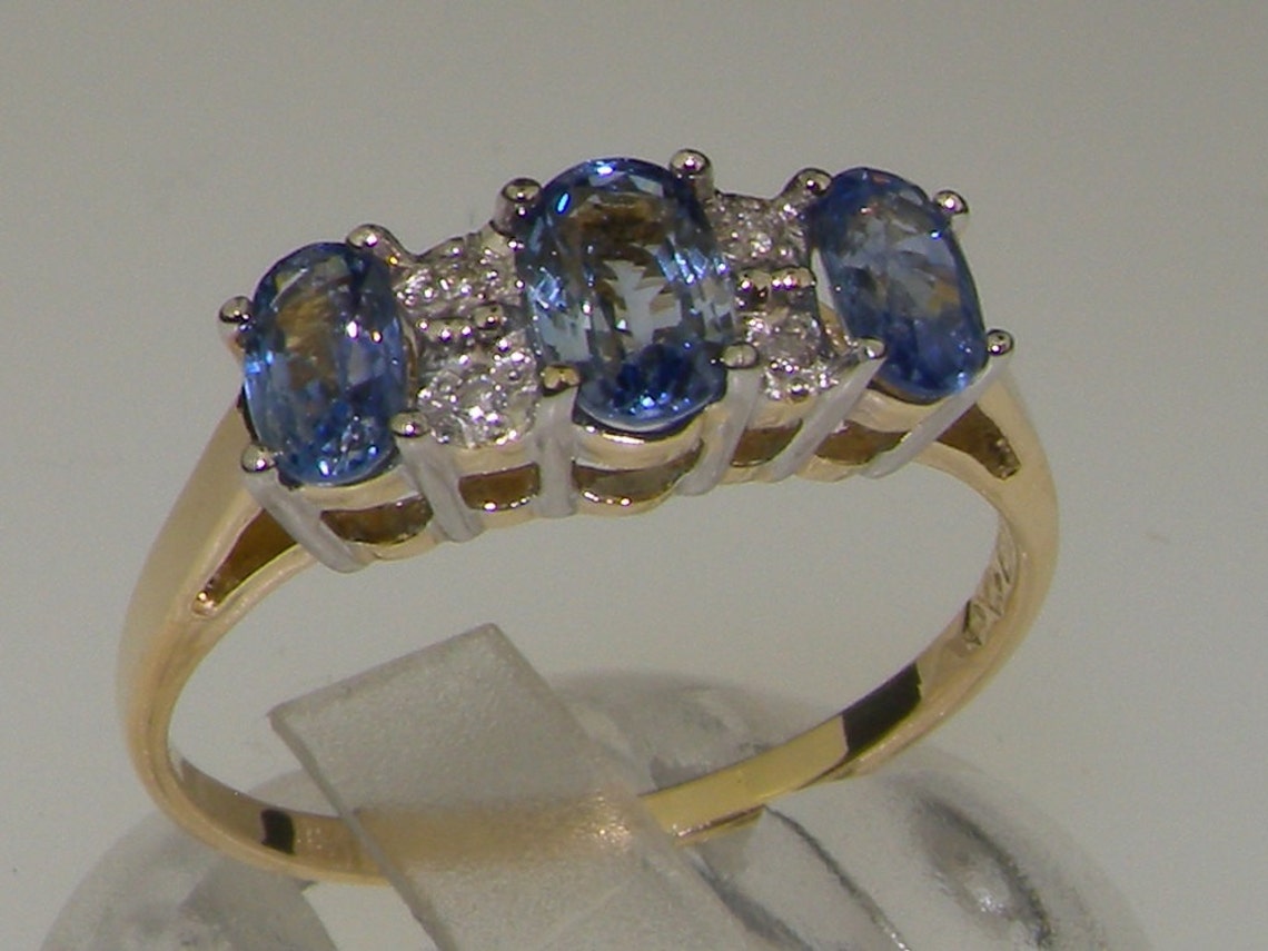 Stunning 9K Yellow Gold Ceylon Sapphire & Diamond Trilogy Ring - Etsy