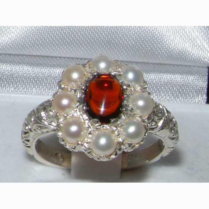 925 Sterling Silver Natural Garnet & Pearl Victorian Style Carved Ring ...
