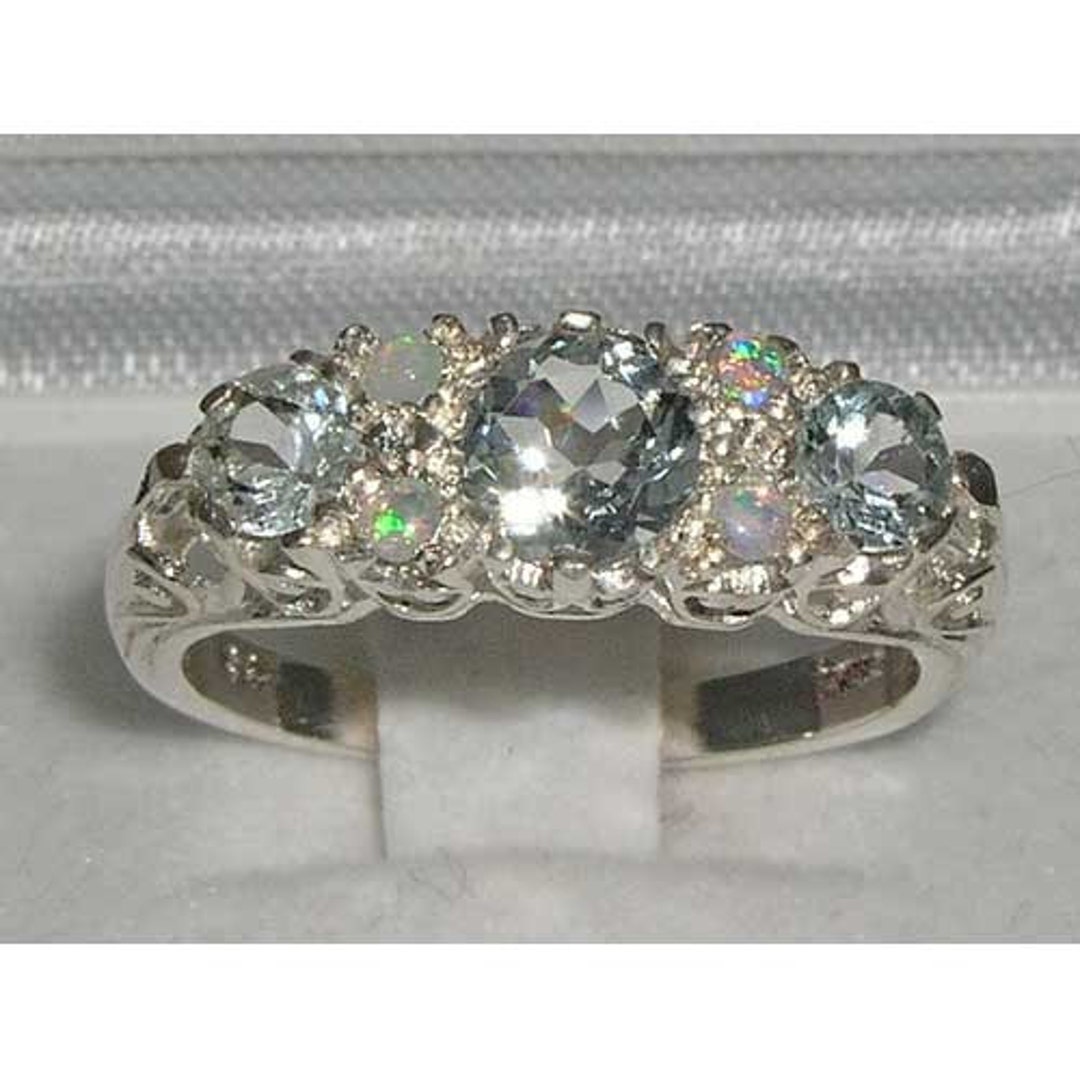 925 Solid English Sterling Silver Natural Aquamarine & Opal Filigree ...