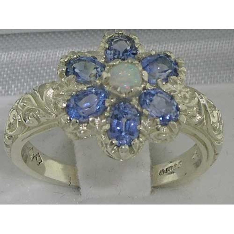 9K White Gold Natural Colorful Opal & Blue Ceylon Sapphire Cluster ...