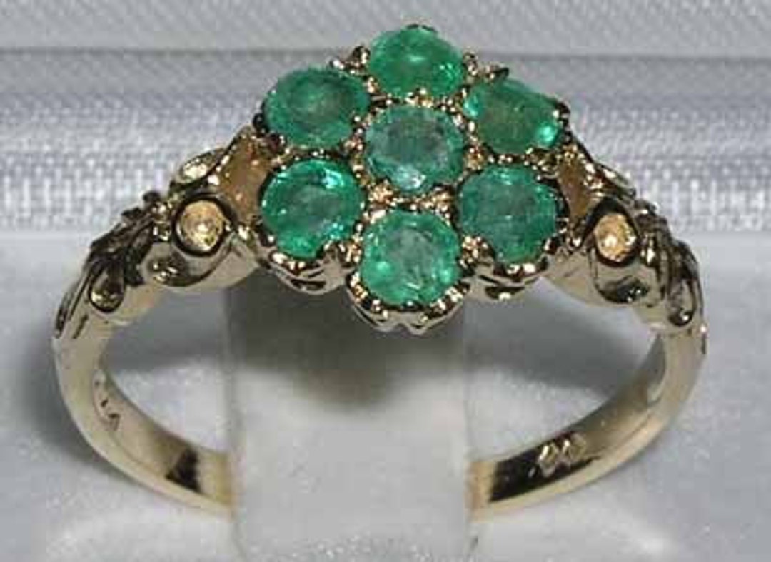 Small Emerald Ring, 9K Yellow Gold Natural Emerald Cluster Flower Daisy ...