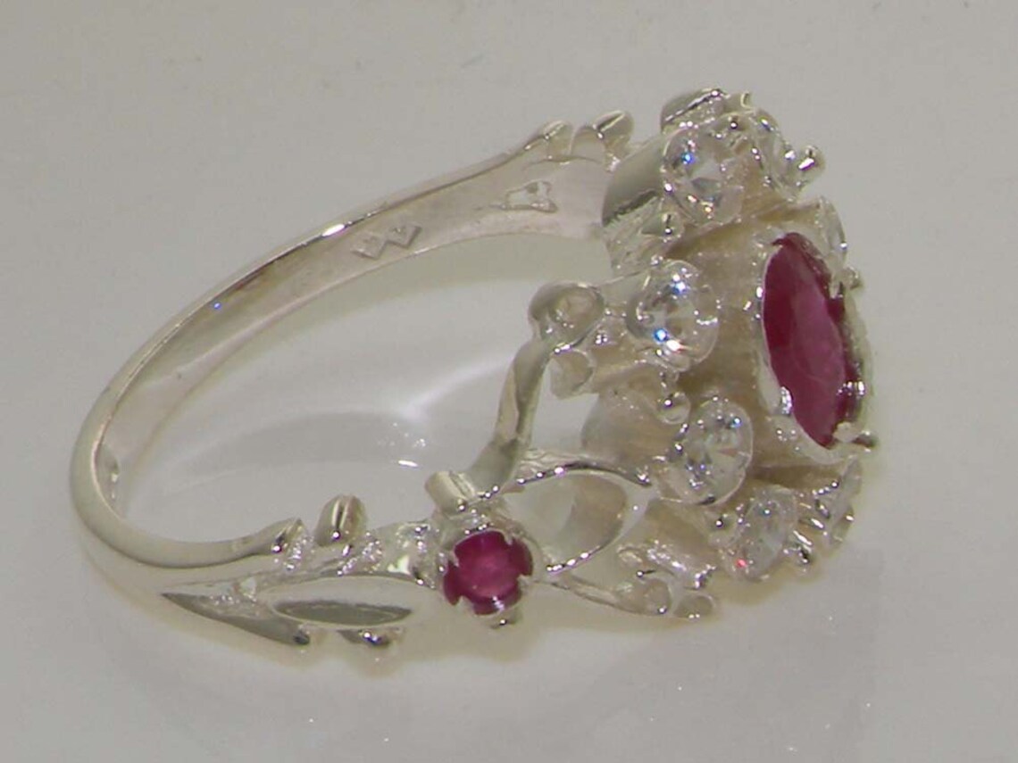 English 14K White Gold Natural Ruby & CZ Unique Rosette Flower Cluster ...