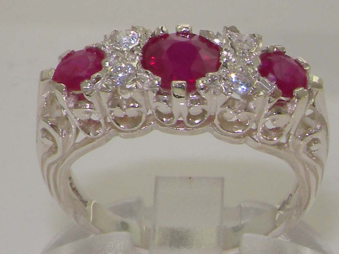 925 Solid English Sterling Silver Natural Ruby & Cubic Zirconia CZ ...
