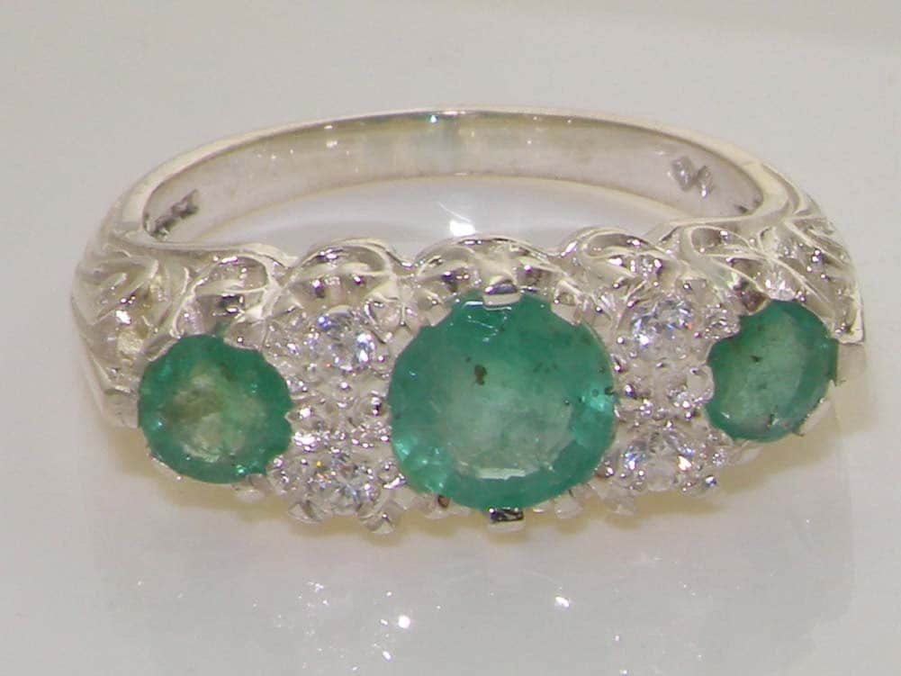 925 Solid English Sterling Silver Natural Emerald & Diamond Filigree ...