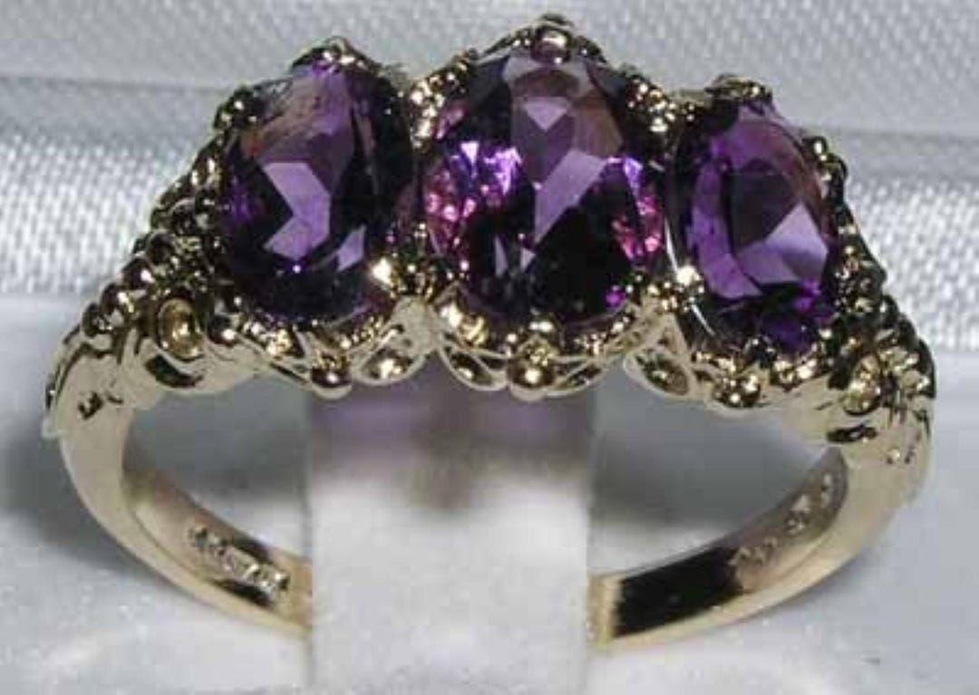 14K Yellow Gold English Victorian Style Natural Amethyst 3 Stone Ring ...