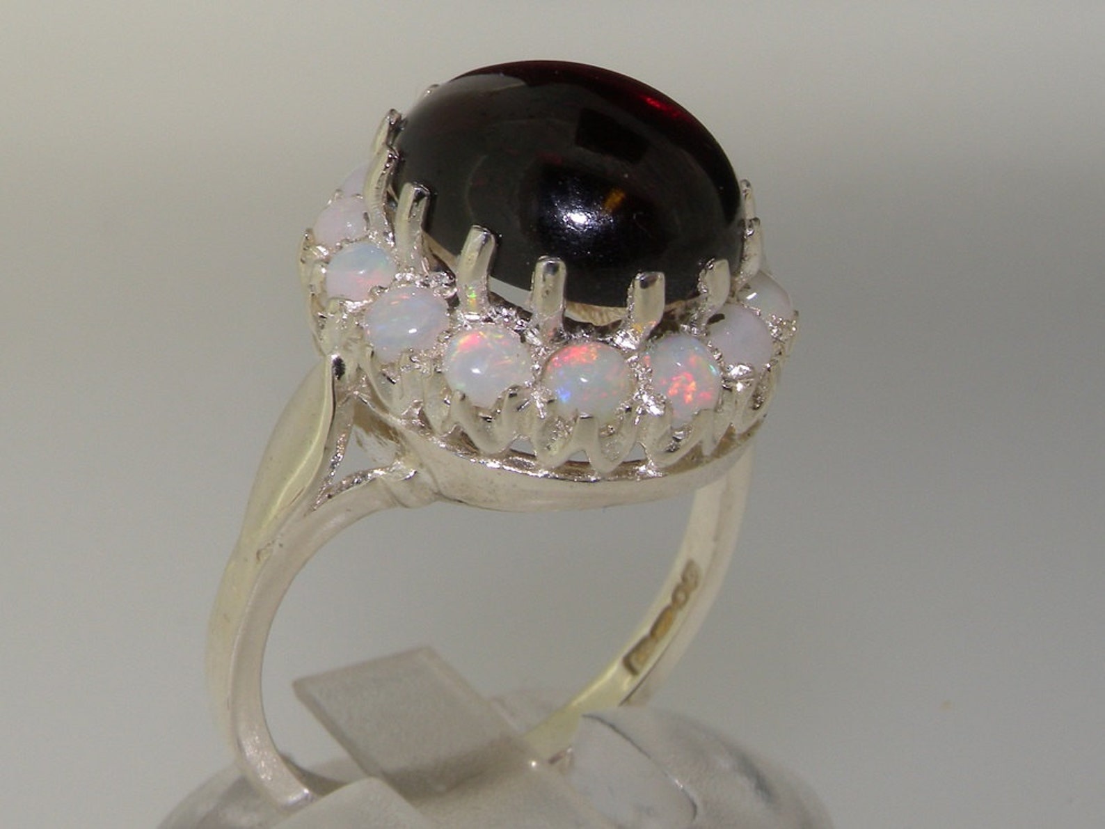 Solid Sterling Silver Large Natural Cabochon Garnet & Colorful Opal ...