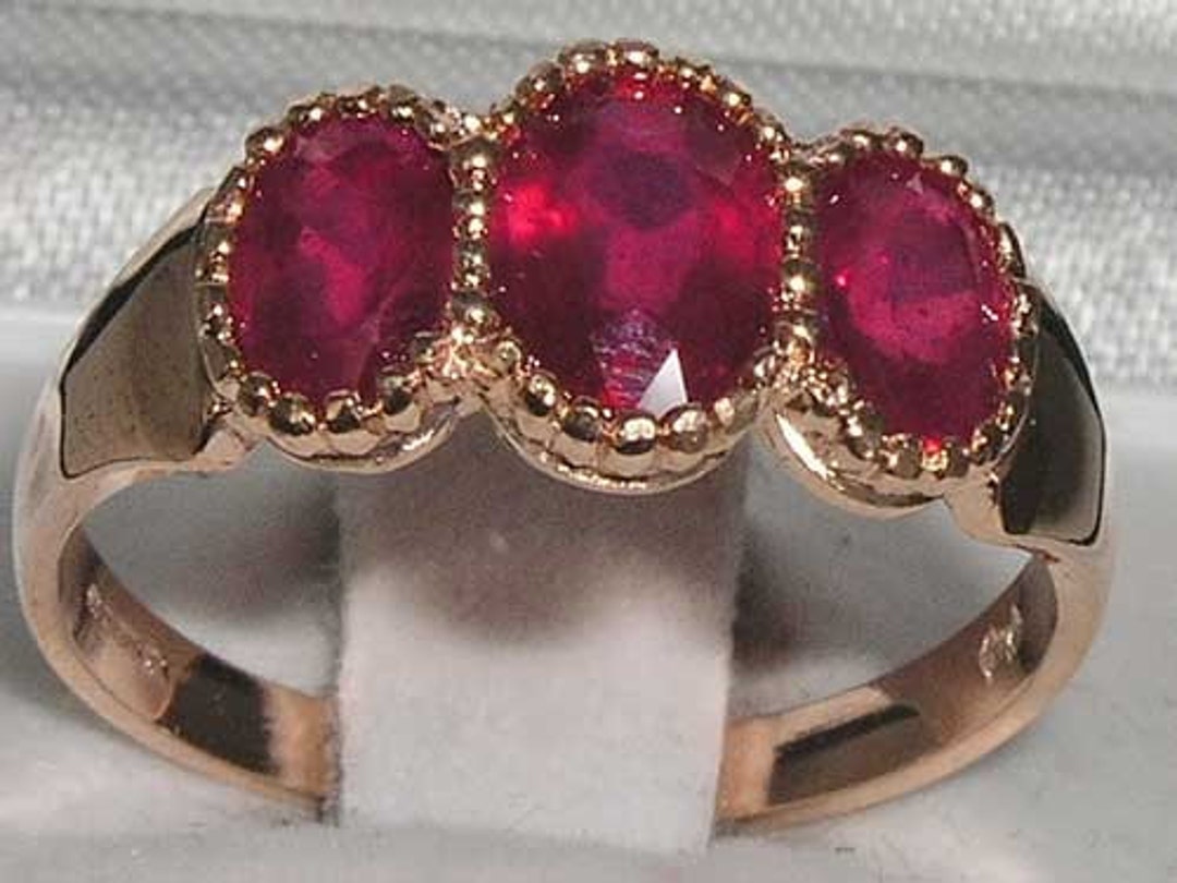9K Rose Gold Natural Natural Ruby Ring, Oval 3 Stones Ruby Trilogy Ring ...