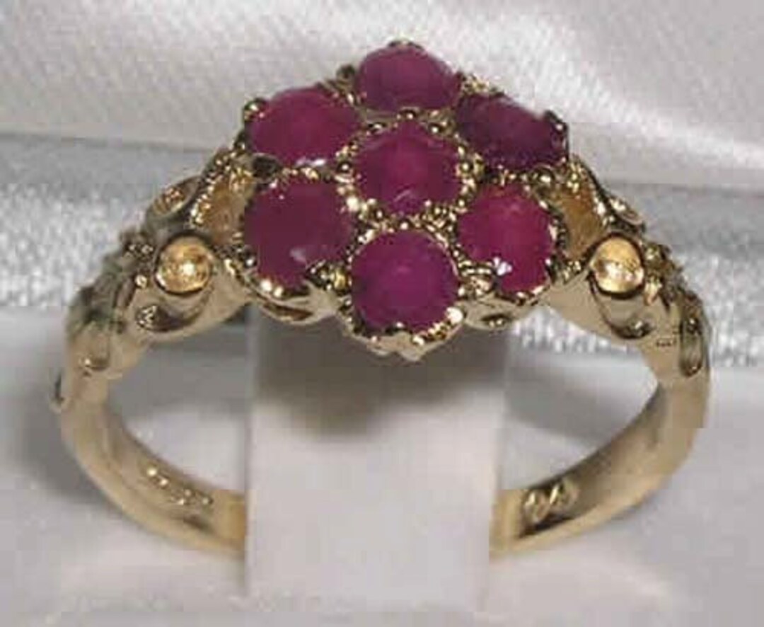 Small Flower Ring, 9K Solid Yellow Gold Natural Ruby Cluster Daisy Pave ...