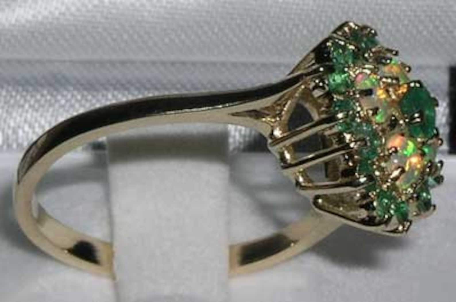 Natural Emerald & Colourful Opal Cluster Flower Ring, Solid 9K Yellow ...