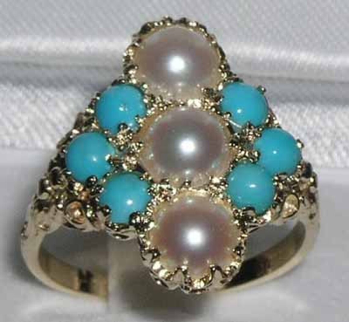 Natural Pearl & Blue Turquoise 9K White Gold Large Unique - Etsy