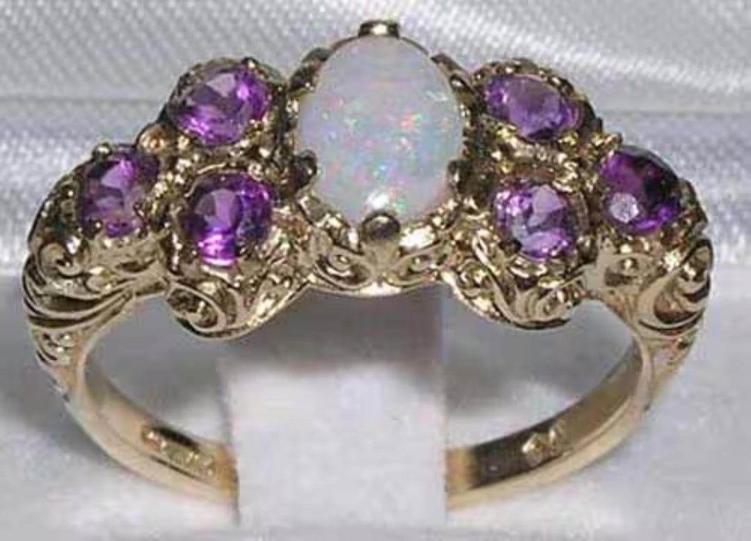 Natural Opal & Amethyst Solid 9K Yellow Gold Victorian Style Unique ...