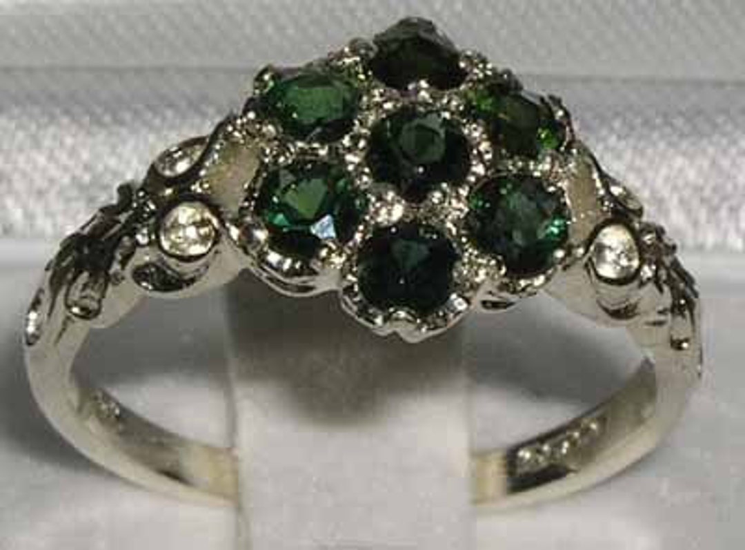 Solid 925 Sterling Silver Natural Green Tourmaline Cluster Flower Ring ...