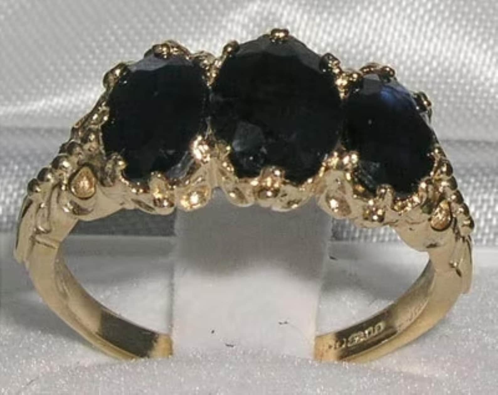 English Victorian Style 9K Yellow Gold 4ct Natural Deep Blue Sapphire 3 ...
