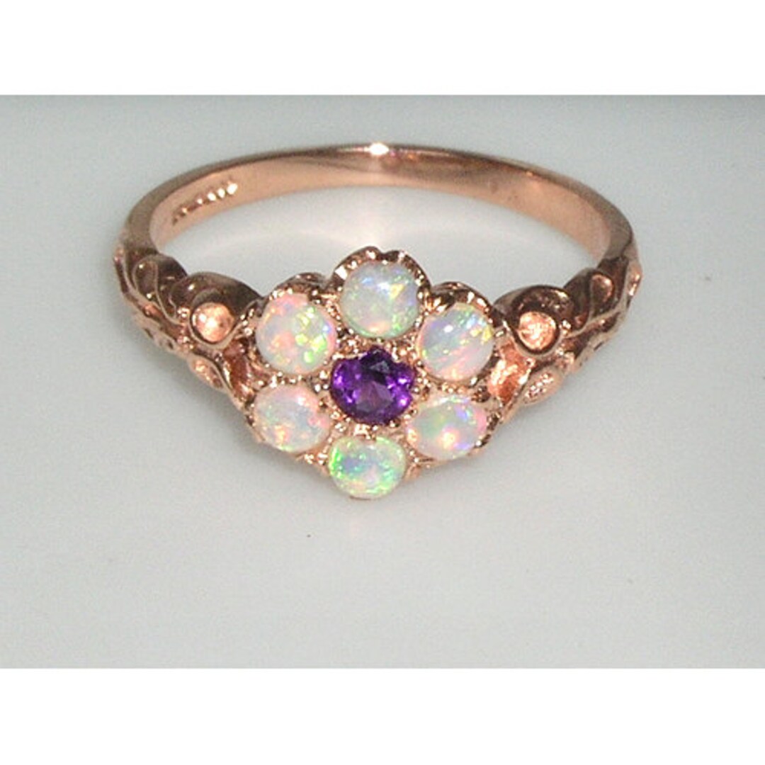 Small Flower Ring, 9K Rose Gold Natural Amethyst & Colorful Opal Pretty ...